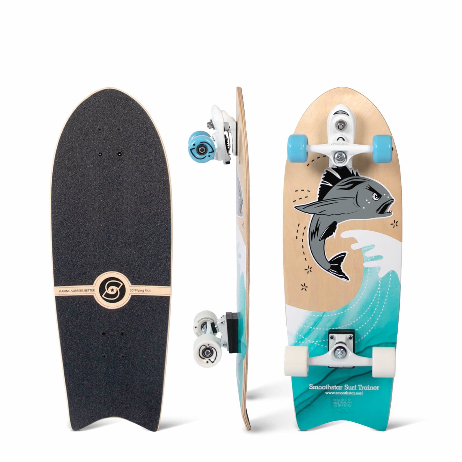 The 30" SmoothStar Flying Fish blue complete surfskate surf trainer